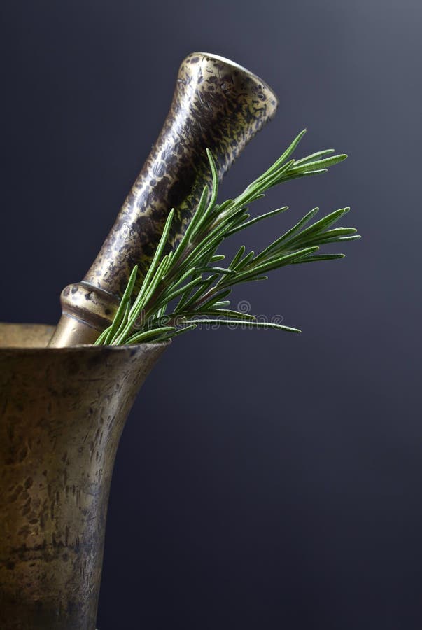 Old Copper Mortar with Rosemary Stock Photo - Image of herbal, aromatic ...
