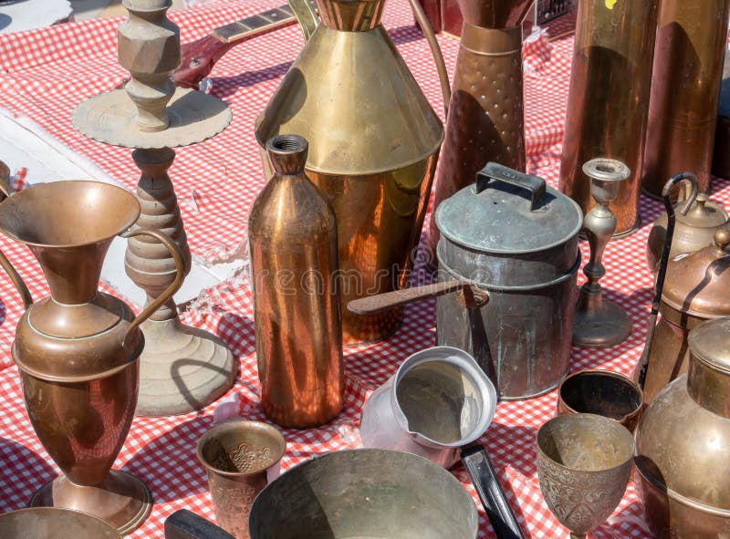 Old Copper Utensils on Sold at the Flea Market Stock Photo - Image of ...