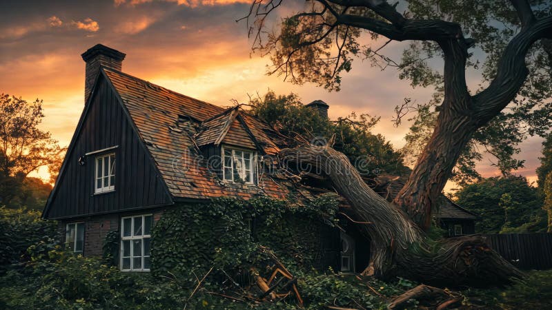 Fallen Tree on Damaged House Roof at Sunset, Dramatic Nature and ...