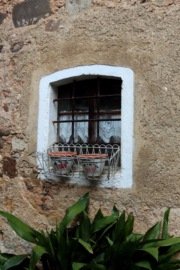 Old Country Window with Iron Bars Stock Photo - Image of flowerpots ...