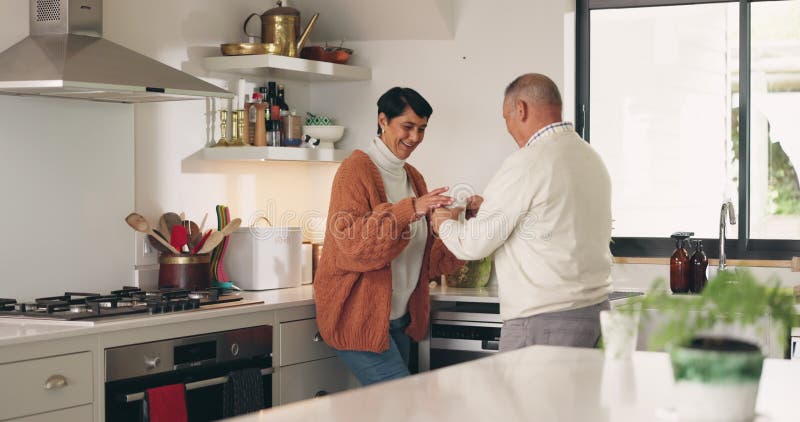 Old Couple in Kitchen, Coffee and Communication, Relax with Morning ...