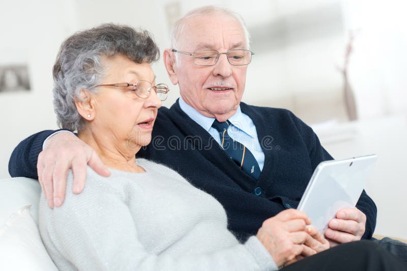Old Couple Looking Camera with Tablet Pc in Their Hands Stock Photo ...