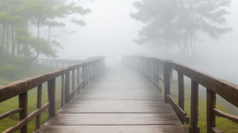 An Old, Creaky Wooden Bridge Surrounded by Mist Stock Illustration ...