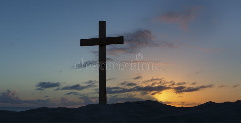 An Old Cross on Sand Dune Next To the Ocean with a Calm Sunrise Stock ...