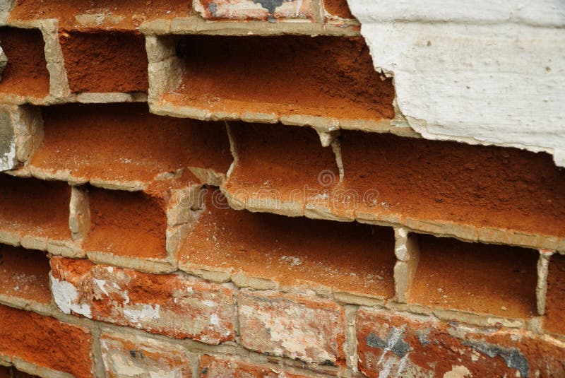 An Old Crumbling Wall with Destroyed Bricks between a Strong Masonry ...