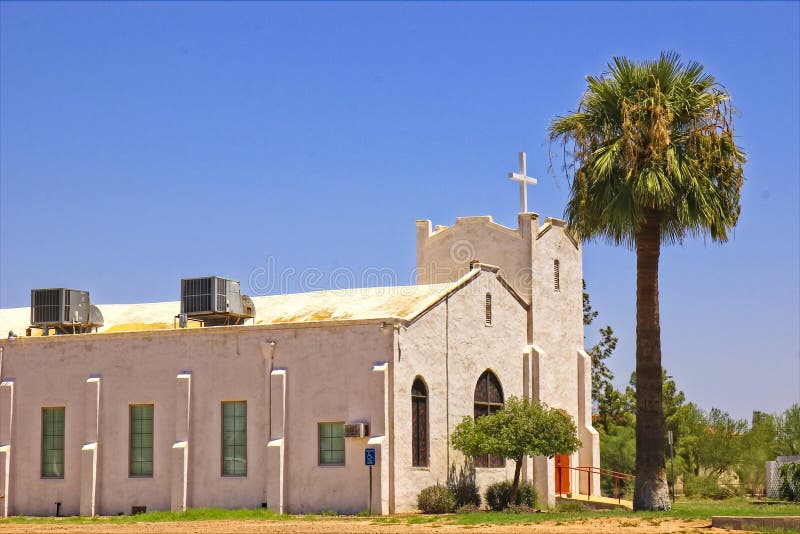 Old Church with Cross and Large Palm Tree in Front Stock Photo - Image ...