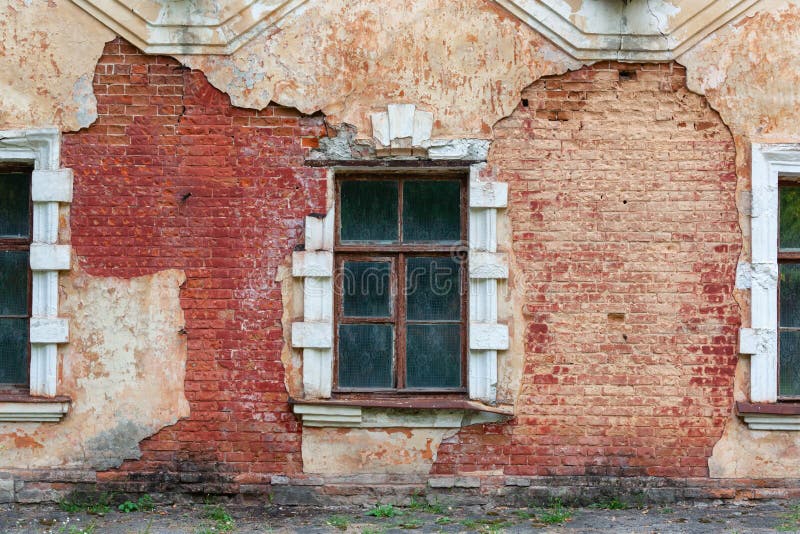 Old Damaged Brick Wall with Windows Stock Image - Image of abandoned ...