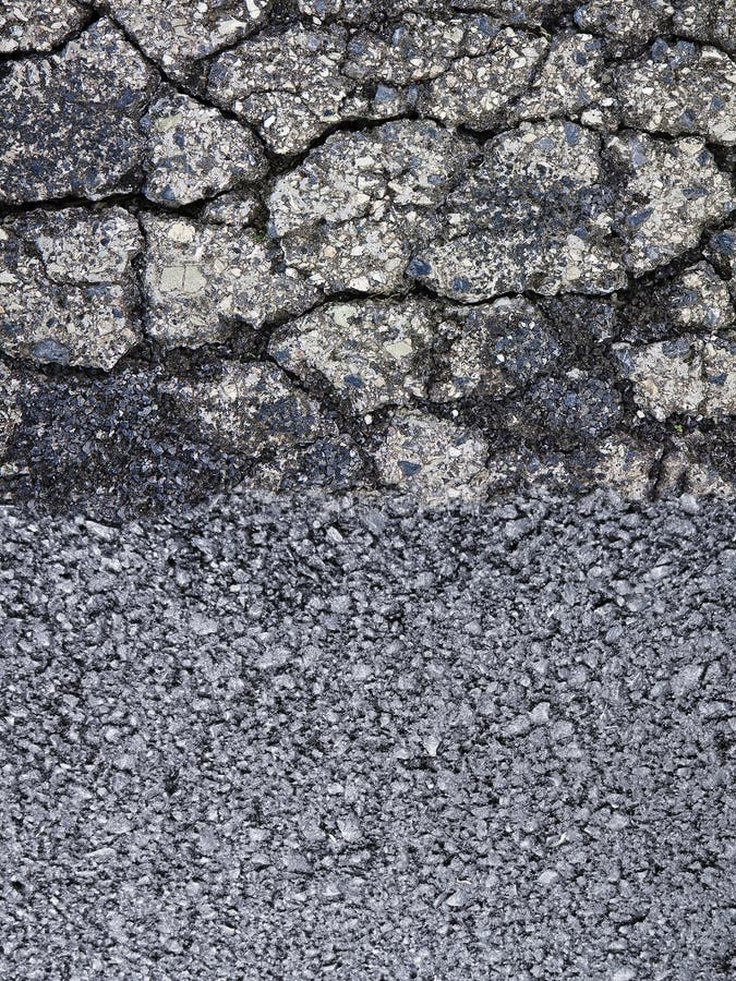 Old Damaged Cracked Asphalt Road Surface Against a New Draining Asphalt ...