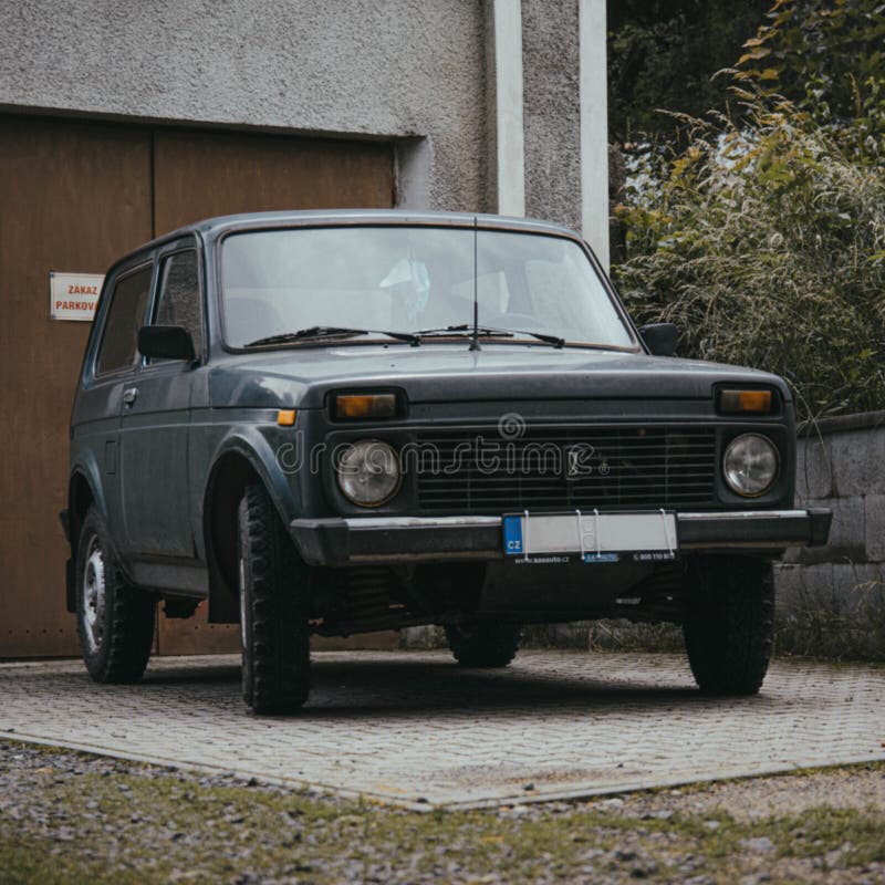 Old Dark Blue Grey Car Parked in Front of a Garage Editorial Stock ...