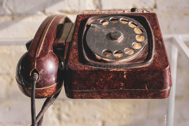 Old Dark Red Telephone. Rotary Dial. the Cable Stock Image - Image of ...