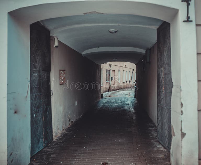 Old Dark Stone Gateway Perspective with Glowing End. Stock Photo ...