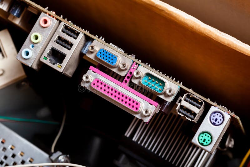 Old Dated Motherboard Back Side Closeup, Ports Input/output, VGA ... Old Dated Motherboard Back Side Closeup, Ports Input/output, VGA ...
