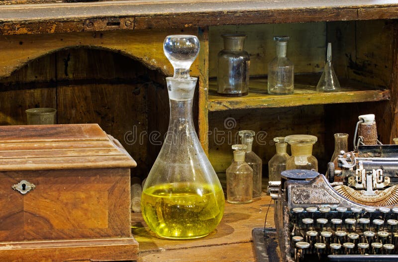 The Old Decanter and Typewriter on Dusty Table Stock Image - Image of ...