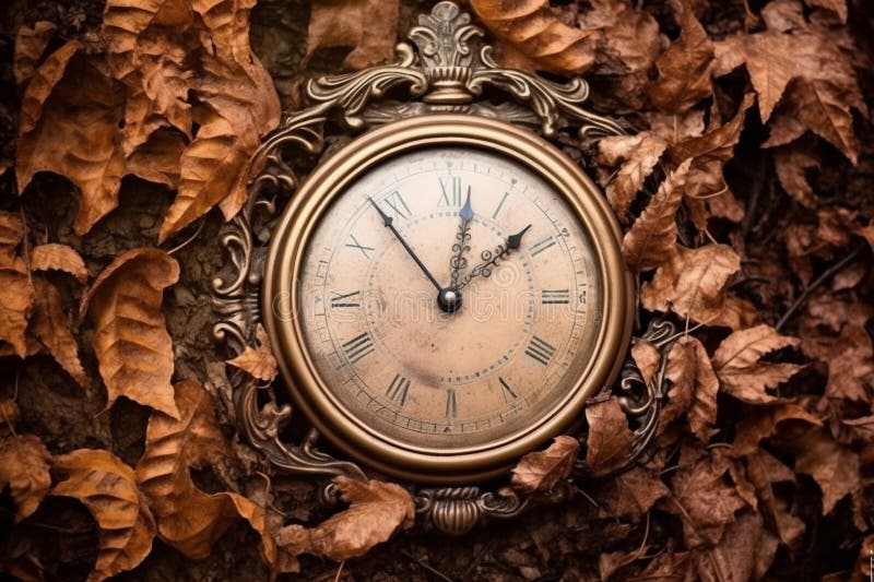 Old Decorated Clock among Autumn Leaves, Generative Ai Stock ...