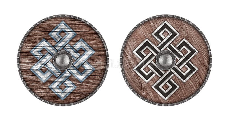 Old Decorated Wooden Round Shield Isolated on White Stock Illustration ...