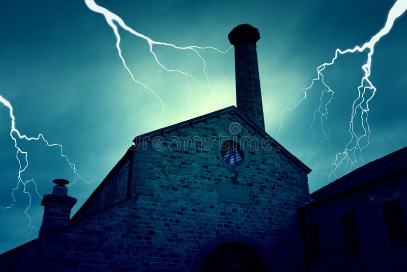 Old Derelict Abandoned Haunted Building with Ghost & Lightning Stock ...