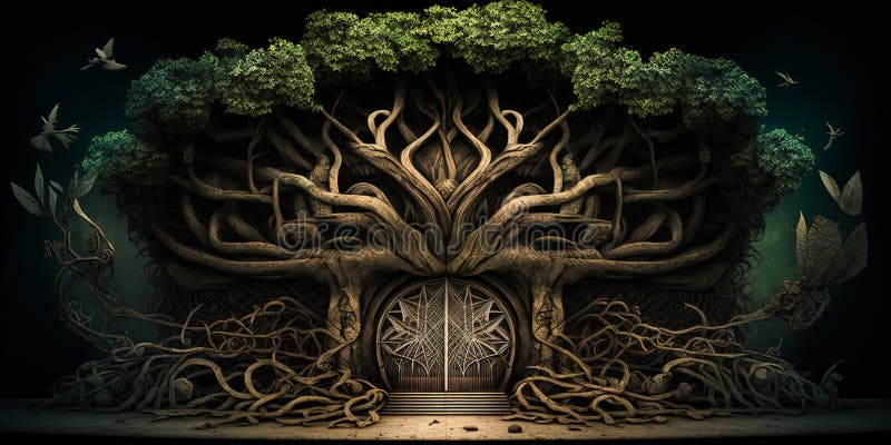 Old Design Wooden Gate in Forest. Illustrative Big Tree Gates ...