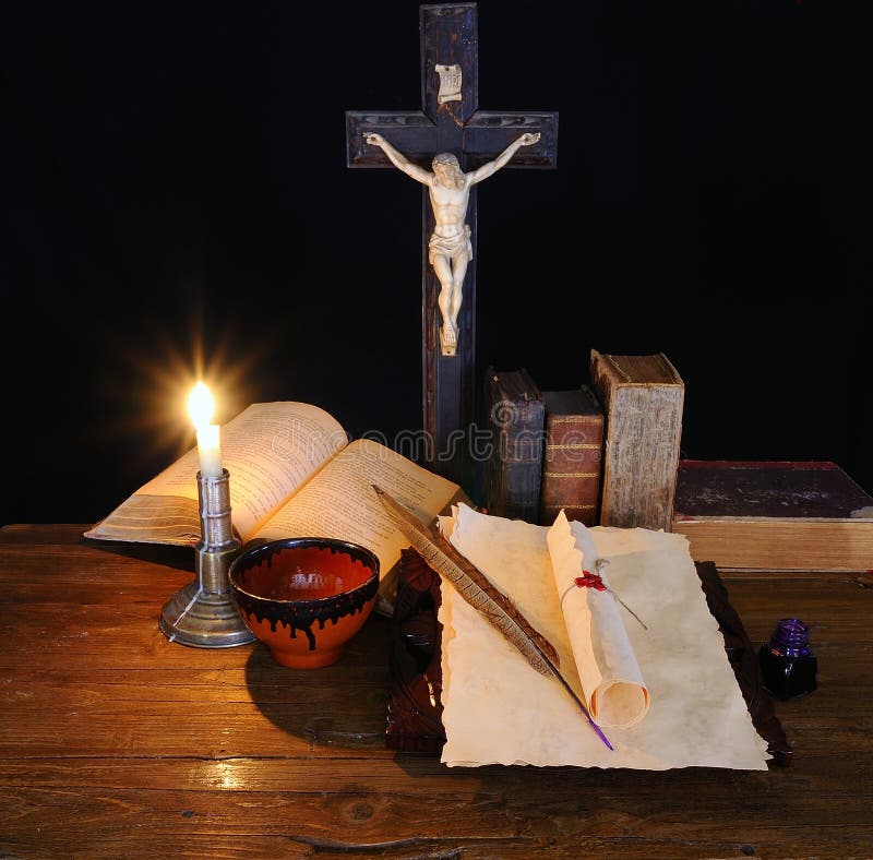 An old desk of a monk. stock image. Image of desk, evangelical - 37406319