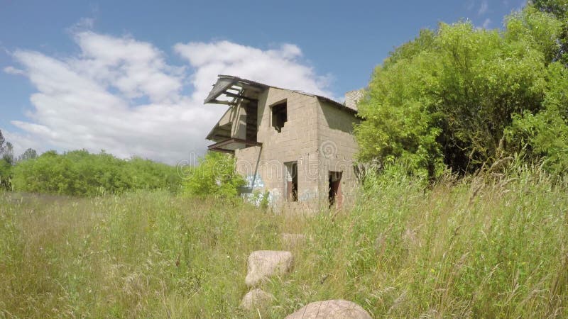 Old Desolate Building in the Green Meadow on Breezy Day, Time Lapse 4 K ...