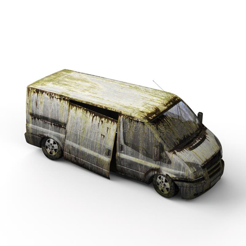 Old Destroyed Van with Broken Doors on a White Background, 3D Rendered ...