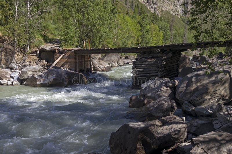Old Dilapidated Bridge on the Mountain River Stock Image - Image of ...