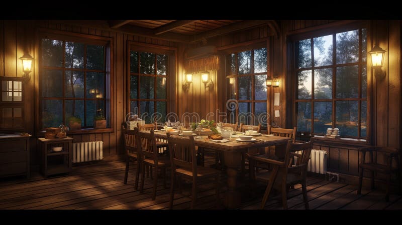 Old Dining Room with Wooden Table at Night Stock Illustration ...