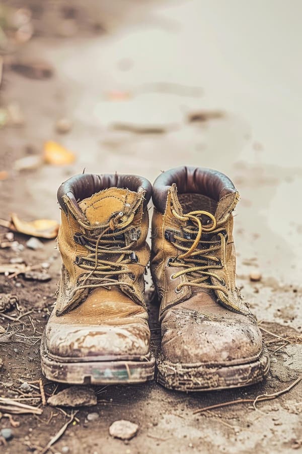 Old, Dirty Boots on a Plain Surface, Highlighting Themes of Labor ...