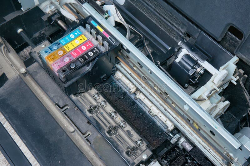 Old, Dirty, Disassembled Ink Jet Printer. View of Internal Parts Stock ...