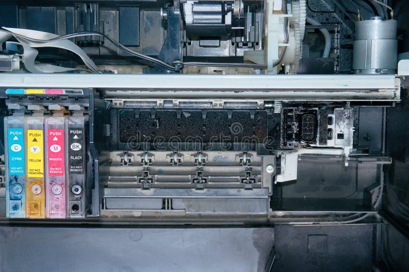 Old, Dirty, Disassembled Ink Jet Printer. View of Internal Parts Stock ...