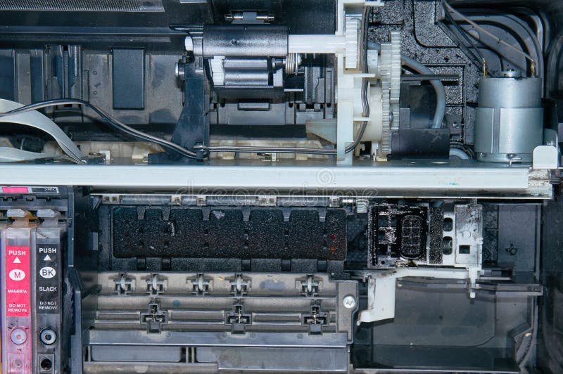Old, Dirty, Disassembled Ink Jet Printer. View of Internal Parts Stock ...