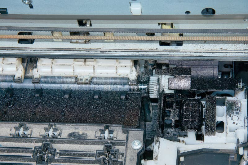 Old, Dirty, Disassembled Ink Jet Printer. View of Internal Parts Stock ...