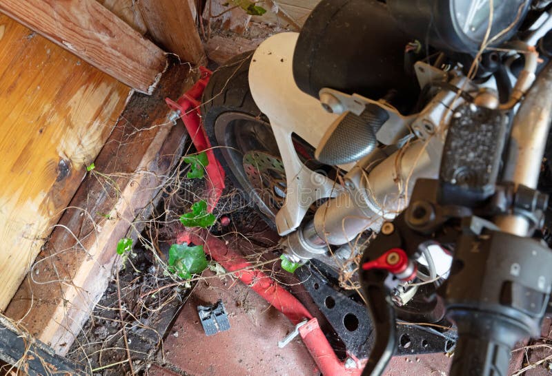 Old and Dirty Motorcycle in a Shed, Overgrown Stock Photo - Image of ...