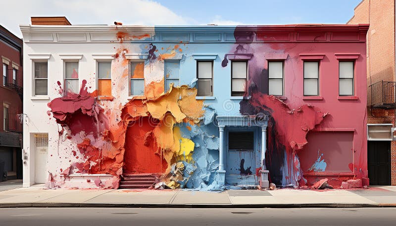 Old, Dirty, Multi Colored Building Exterior with Broken, Weathered ...