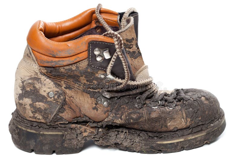 Old Trekking Boot in Mud. Side View. Stock Image - Image of shadow ...