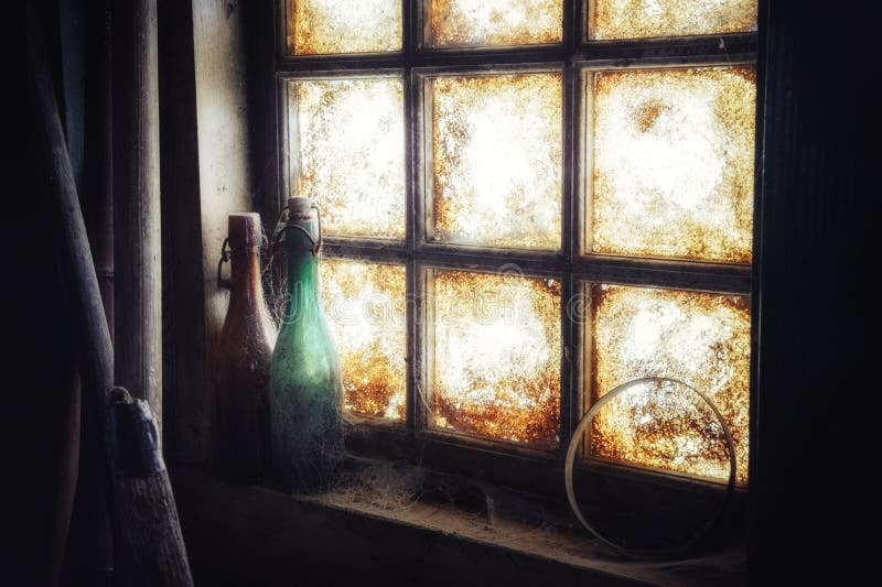 Old Dirty Window with Dusty Bottles Stock Photo - Image of beam ...