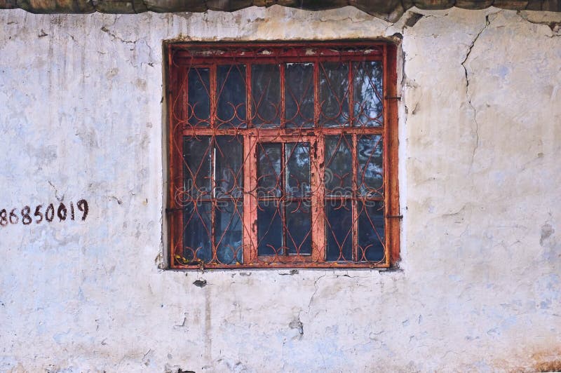 The Old Dirty Window on the Old Dirty Wall with Cracks. Stock Image ...
