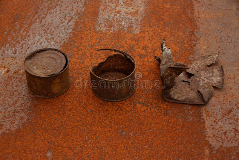 Old Discarded Rusty Cans on a Metal Surface. Decomposition Process ...