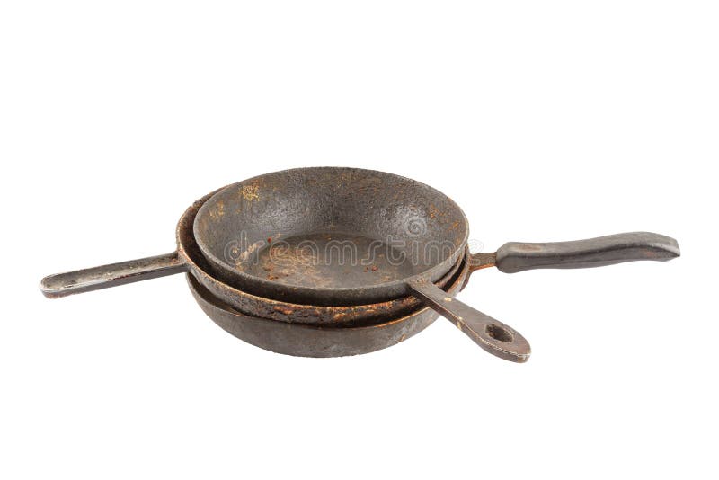 Old Disgusting Stained Rusty Cast Iron Pan Stack With Burnt Fat And ...