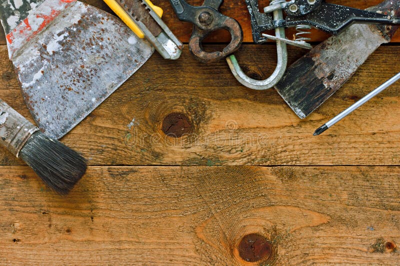Old Diy Tools on Rustic Work Bench Stock Photo - Image of object ...