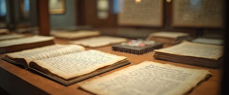 Old Documents, Artifacts on Wooden Table in Museum Exhibition Hall ...