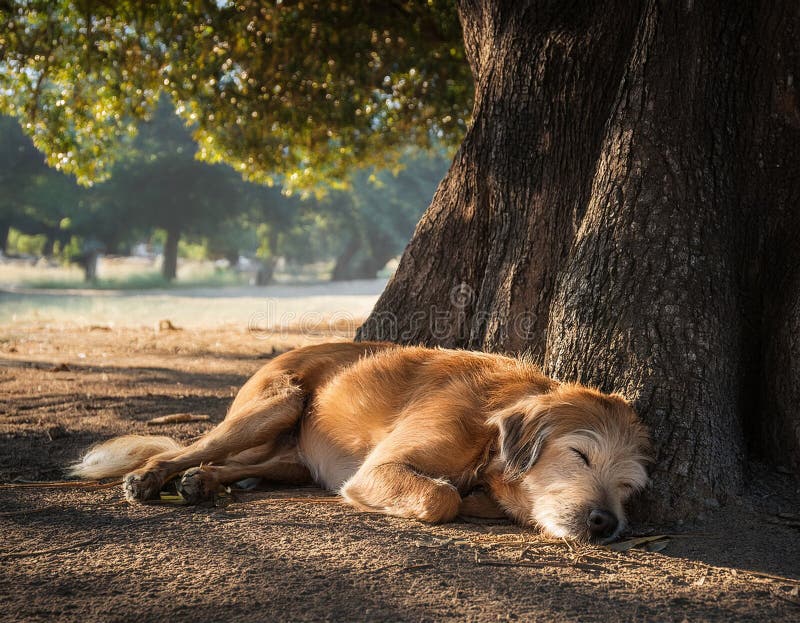 An Old Dog Sleeping Peacefully Under the Shade of a Large Tree Stock ...