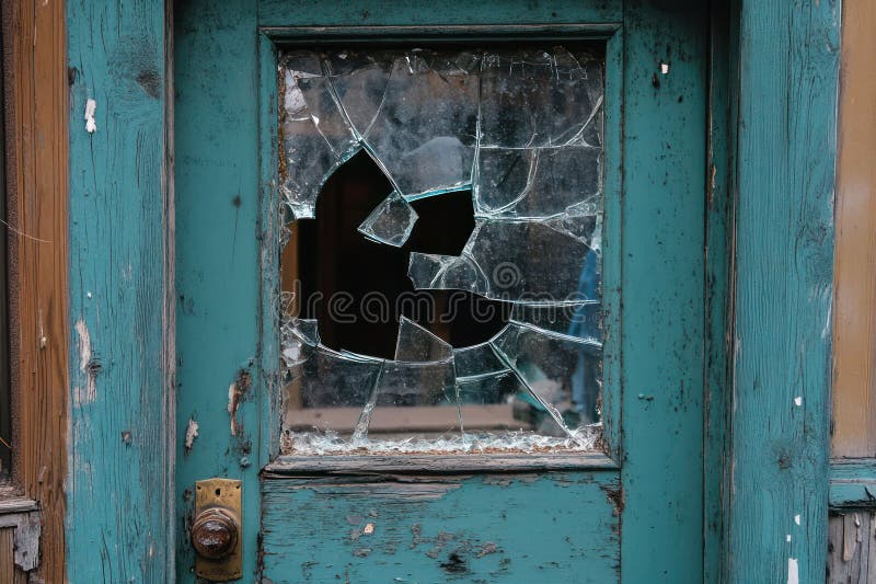 Old Door with Shattered Window Reflection Detail Stock Illustration ...