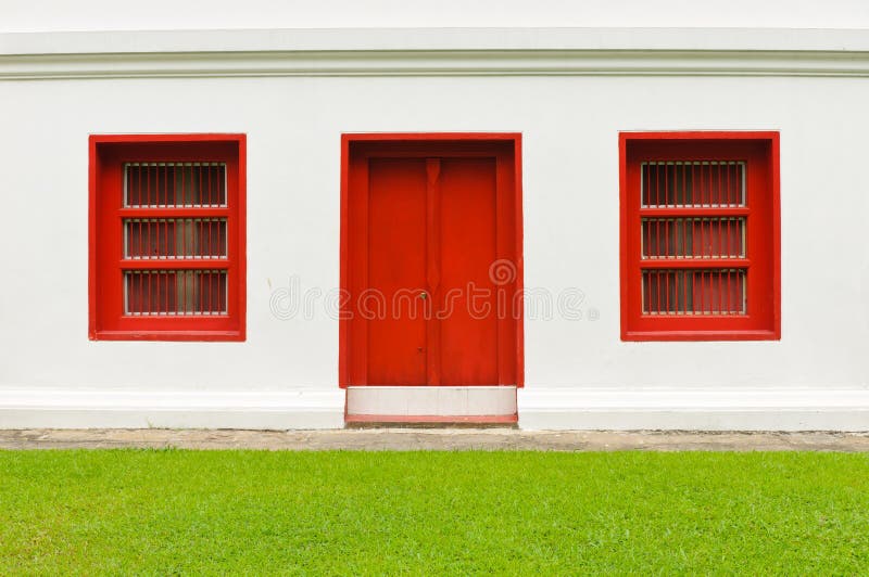 The Old Door and Windows Red on White Wall Stock Photo - Image of ...