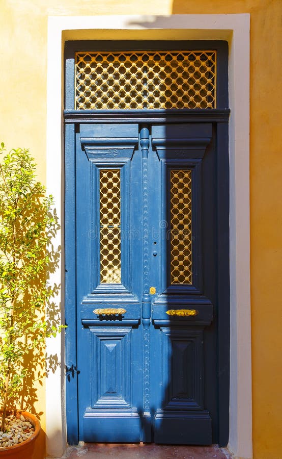 Old Doors Blue Wood with Evening Soft Sunlight of Greek Island Crete ...