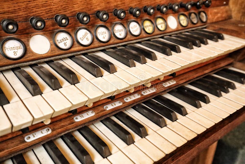 Old Double Piano Keyboard with Marked Keys and Pulls Detail Stock Photo ...