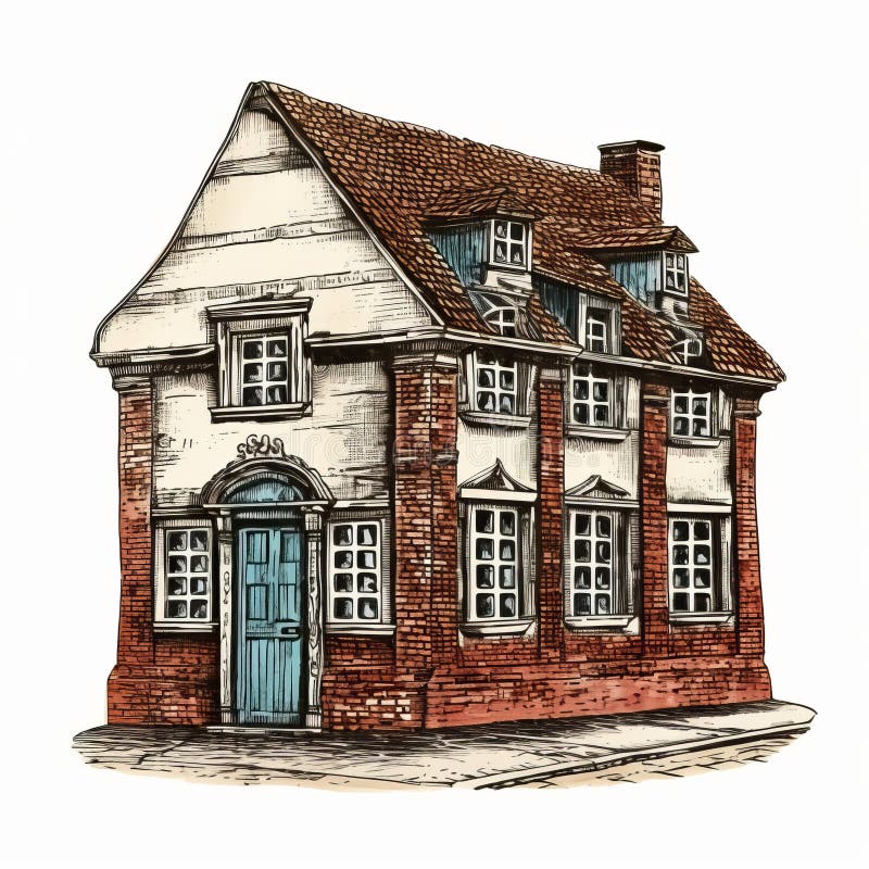 Detailed Porcelain Style Illustration of an Old Brick House Stock ...