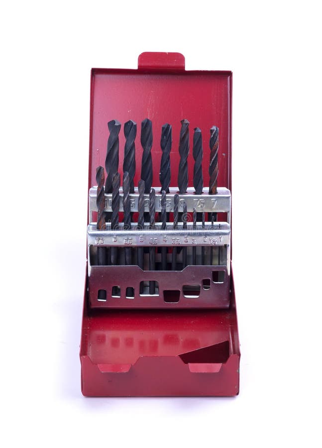 Old drill bit set in box stock photo. Image of closeup - 136769918