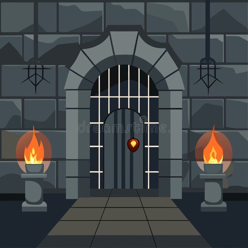 Old Dungeon, Castle Prison Interior with Door, Stone Walls and Torches ...