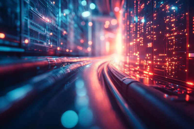 Cables Transferring Data Inside a Server Room Illuminated by Futuristic ...