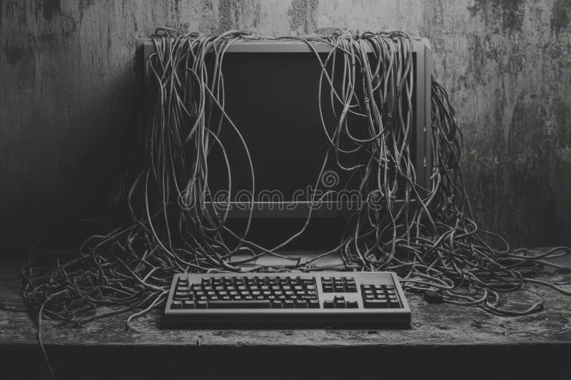 Old Dusty Computer and Keyboard Covered with Messy Cables in a Dark ...